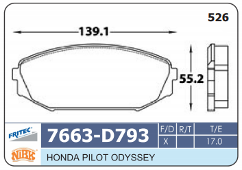 Pastilla de freno para HONDA PILOT 04-06, ODYSSEY 99-04 D793 marca FRITEC